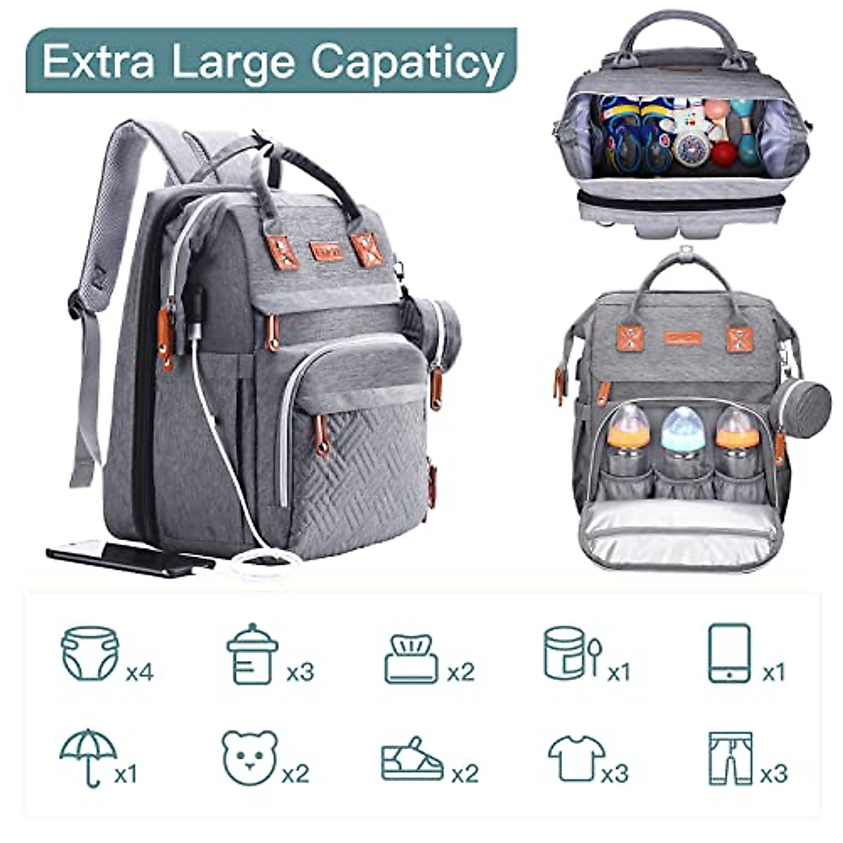 ISMGN Diaper Bag Backpack with Changing Station, Large Diaper Bag, Multifunctional Diaper Bag, Gray
