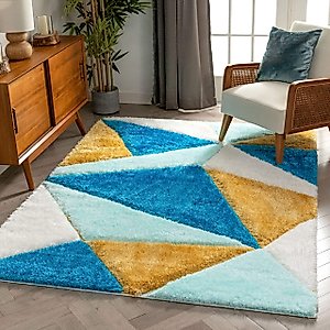 Well Woven Walker Blue Triangle Boxes Thick Soft Plush 3D Textured Shag (5'3" x 7'3") Area Rug