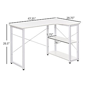 HOMCOM Industrial L-Shaped Computer Desk with 2 Side Shelves and Steel Frame, Corner Desk, Study Workstation for Home Office, White
