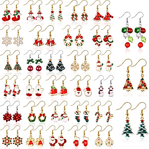 32 Pairs Christmas Earrings for Women Girls, Thanksgiving Xmas Holiday Jewelry Dangle Earrings Set, Christmas Tree Bow Snowman Candy Drop Earrings Xmas Earrings Gift for Girls (Classic Style)