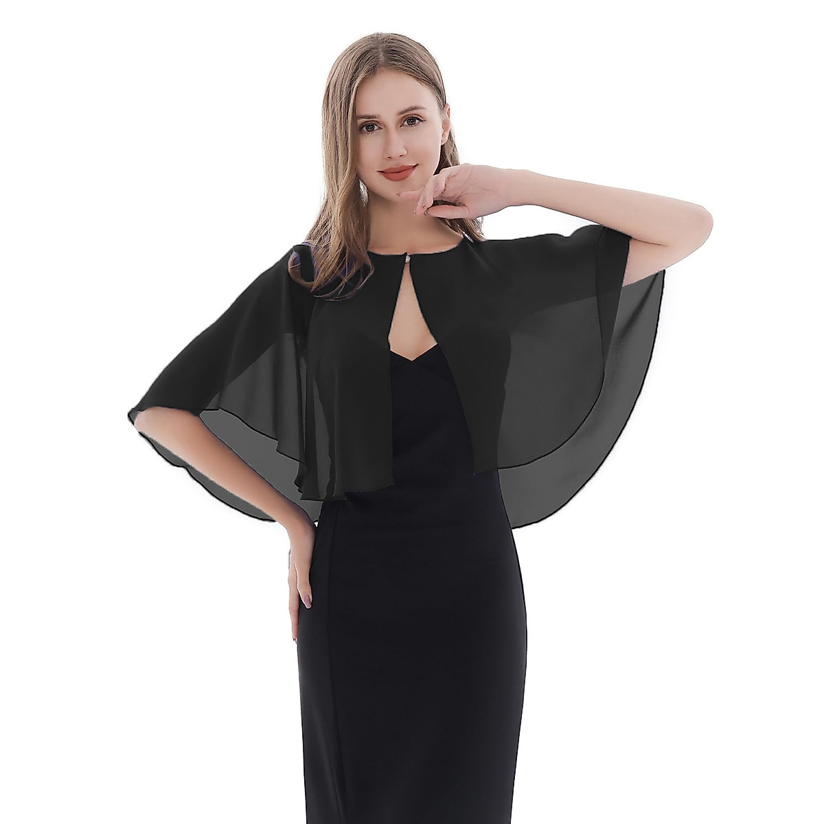 Baoqiya Chiffon Capelet Bridal Capes Soft Shawls and Wraps for Dresses Women Accessories(Black1)