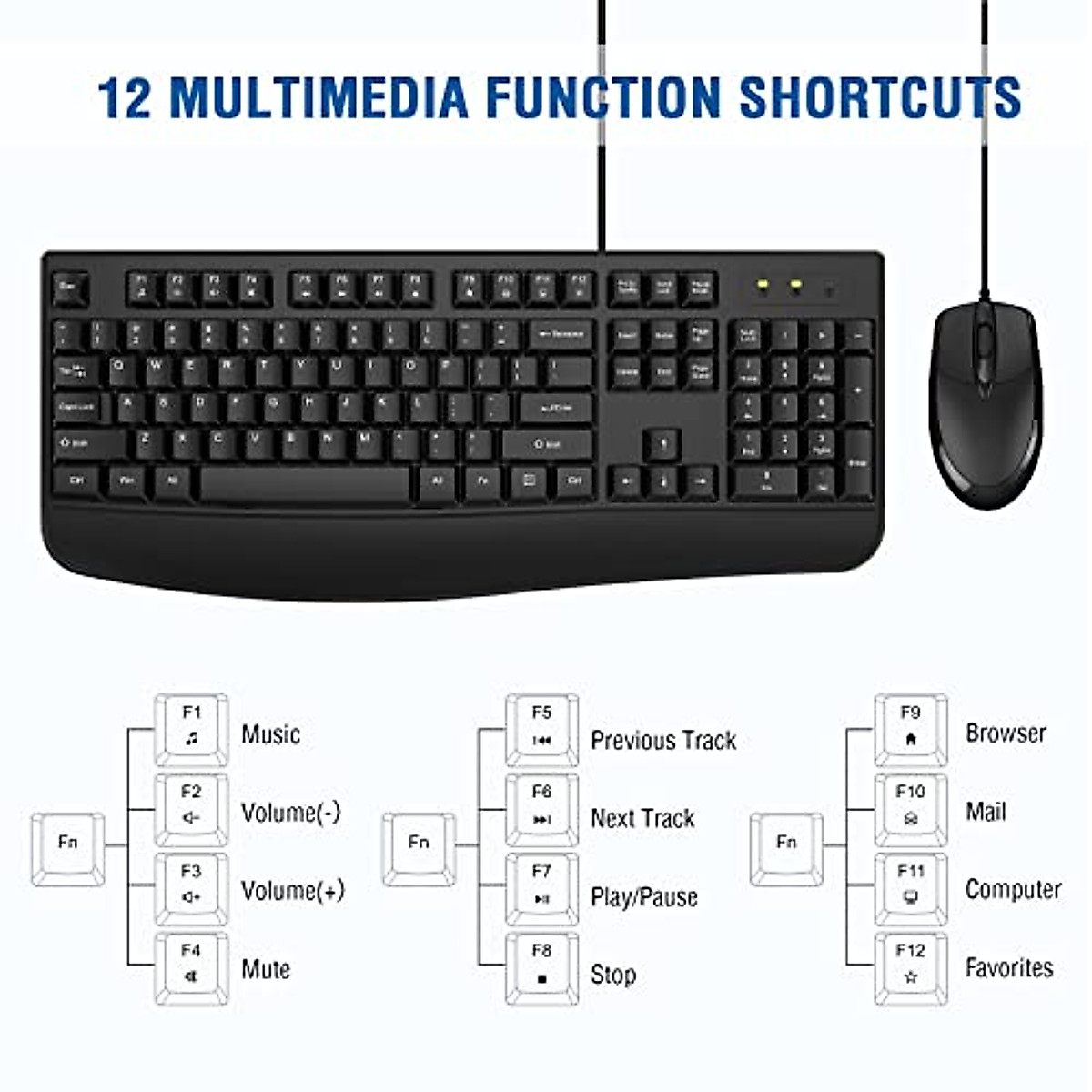 Wired Keyboard and Mouse Combo, EDJO Full-Sized Ergonomic Computer Keyboard with Palm Rest and Optical Wired Mouse for Windows, Mac OS Desktop/Laptop/PC