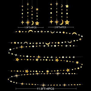 Gold Star Moon Circle Dot Garland Party Decorations Kit Hanging Crescent and Twinkle Little Star Streamer Bunting Banner for Kids Room First Birthday Ramadan EID Mubarak Baby Shower Wedding Engagement