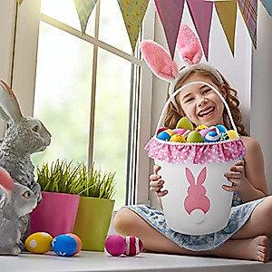 BOMMETER 3 pack Easter Egg Hunt Basket Bags for Kids Bunny Canvas Tote - Cotton Carrying Gift and Eggs Hunt Bag (Purple)