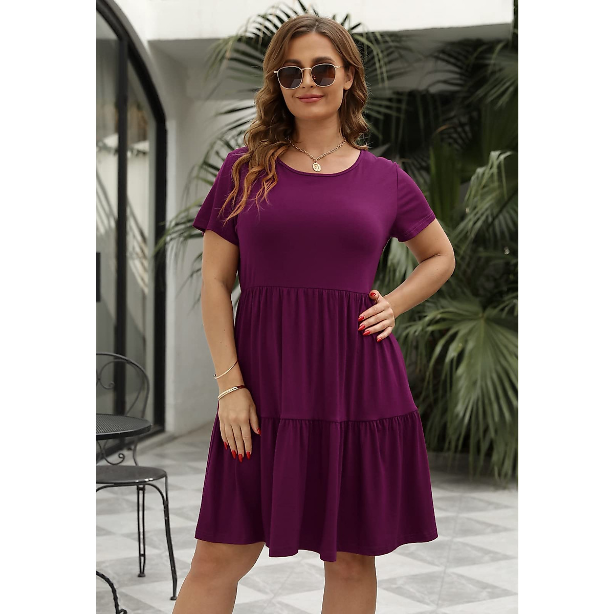 Nemidor Womens Plus Size Casual Ruffle Dress Short Sleeve Layered Swing Midi T Shirt Dress with Pocket NEM298 (20, Purplish Red)