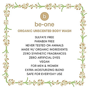 Certified Organic Unscented Body Wash by Be-One - Sensitive Skin - Moisturizing - Paraben & Sulfate Free - Vegan - All Natural - Soap - For Men & Women - Eczema - Gentle - Made in USA