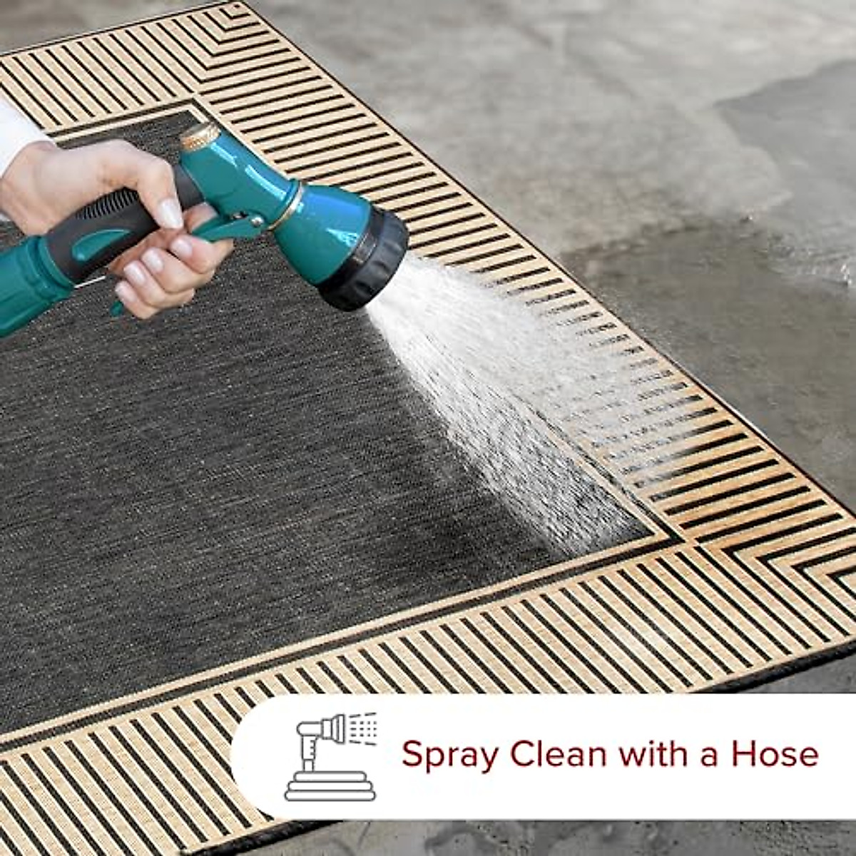 nuLOOM 7' Round Outdoor Area Rug, Casual Design With Striped Border, Stain Resistant, Highly Durable, For Patio, Balcony, Bedroom, Living Room, Dining Room, Bathroom, Dark Grey