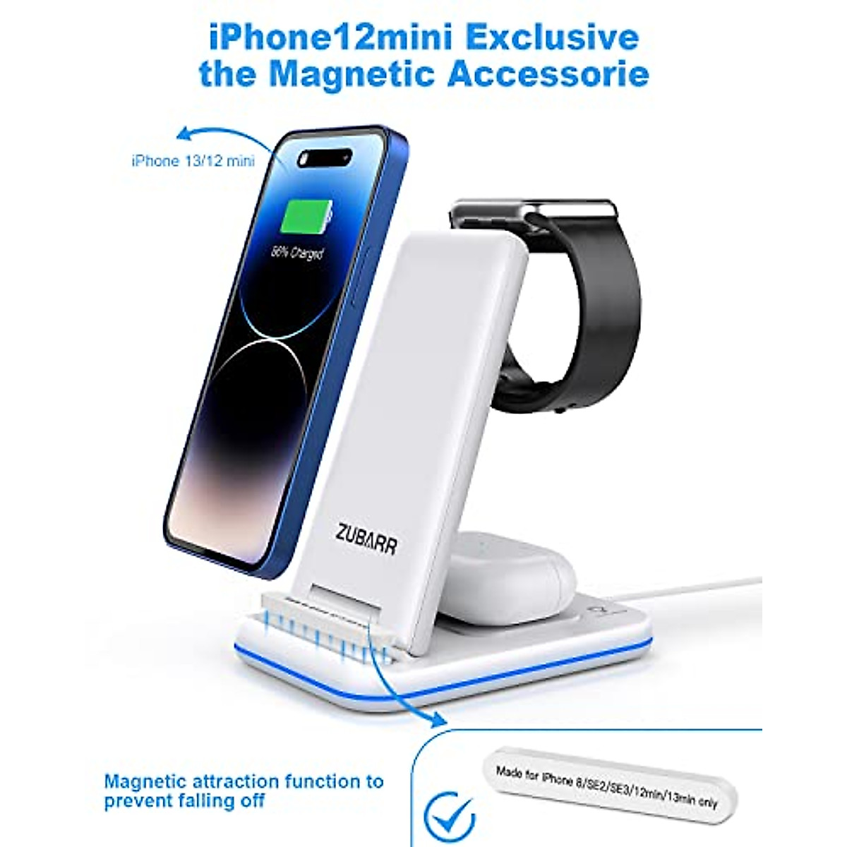 ZUBARR Foldable Wireless Charger for Multiple Devices 3 in 1 Wireless Charging Station for Travel, Compatible with iPhone14 13 12 11/Pro/XR, iWatch Charger for7/6/5/4/3/2, Airpods Wireless/Pro
