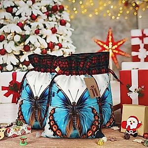 EVANEM Christmas Gift Bags with Drawstring Burlap Gift Bags Butterfly Christmas Linen Bags for Xmas Party Candy Bags with Cards Xmas Reusable Wrapping Bags Christmas Linen Treat Bags for Holiday