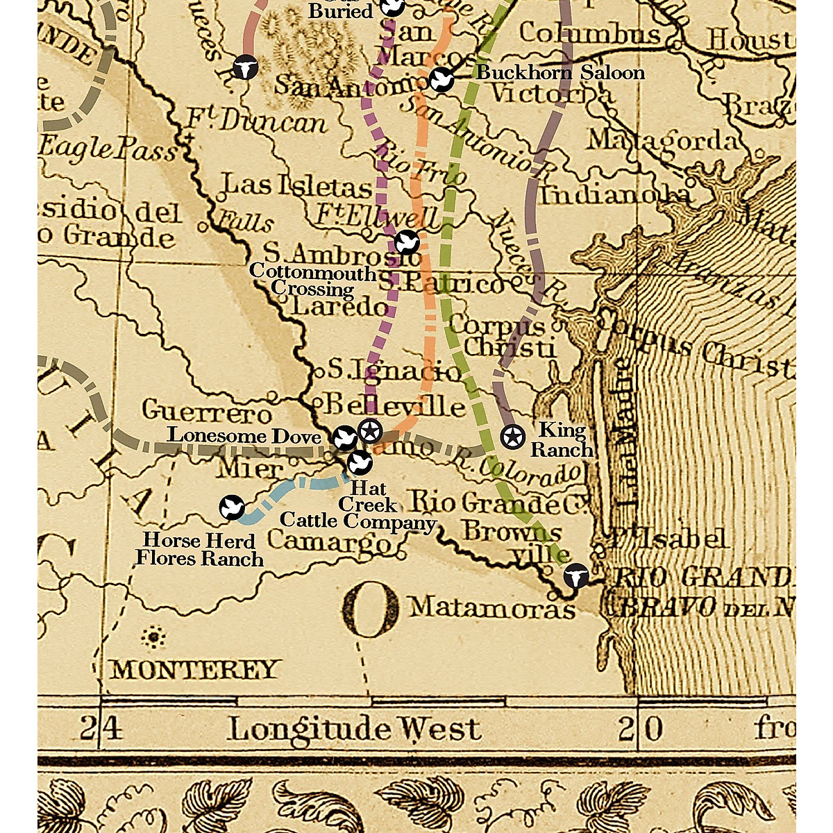 1881 Lonesome Dove/Comanche Moon Wars & Great Cattle Trails Map 2nd Ed. 26"W x 34" H