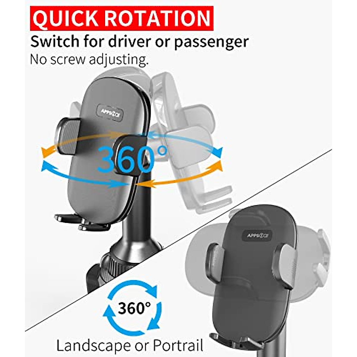 APPS2Car Solid Cup Holder Phone Mount for Car Truck with Quick Extension Long Arm Fast Swivel Adjustable Height 360 Rotatable, Low Profile Universal Mobile Mount Compatible with All Cell Phone iPhone