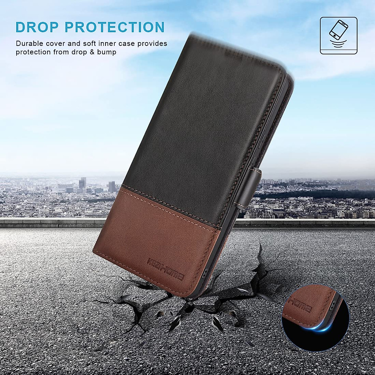 KEZiHOME Galaxy S22 Ultra Case, Genuine Leather [RFID Blocking] Wallet Case Card Slot Flip Magnetic Stand Phone Cover Compatible with Samsung Galaxy S22 Ultra (2022) (Black/Brown)