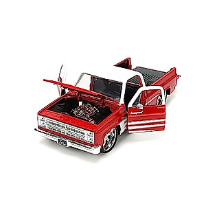 Just Trucks 1:24 1985 Chevy C10 Die-Cast Truck w/Tire Rack, Toys for Kids and Adults(Red/White)