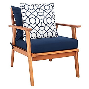 SAFAVIEH Outdoor Collection Deacon Acacia Wood Cushion 4-Piece Conversation Patio Set with Accent Pillows PAT7050E, Navy/Natural