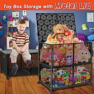 Haturi Large Metal Toy Box Storage, 2 Pack Large Toy Storage and Organizer with Metal Lid, Collapsible Sturdy Toy Organizer with Wheels, Storage Boxes Bins Baskets for Playroom, Living Room, Bedroom