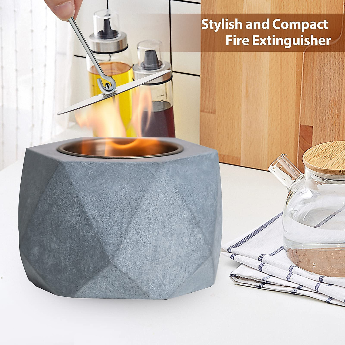 KIZZBY Table Top Fire Pit Bowl - Concrete Tabletop Rubbing Alcohol Fireplace Indoor Outdoor Decor Portable Mini Smores Maker for Patio Balcony with Extinguisher