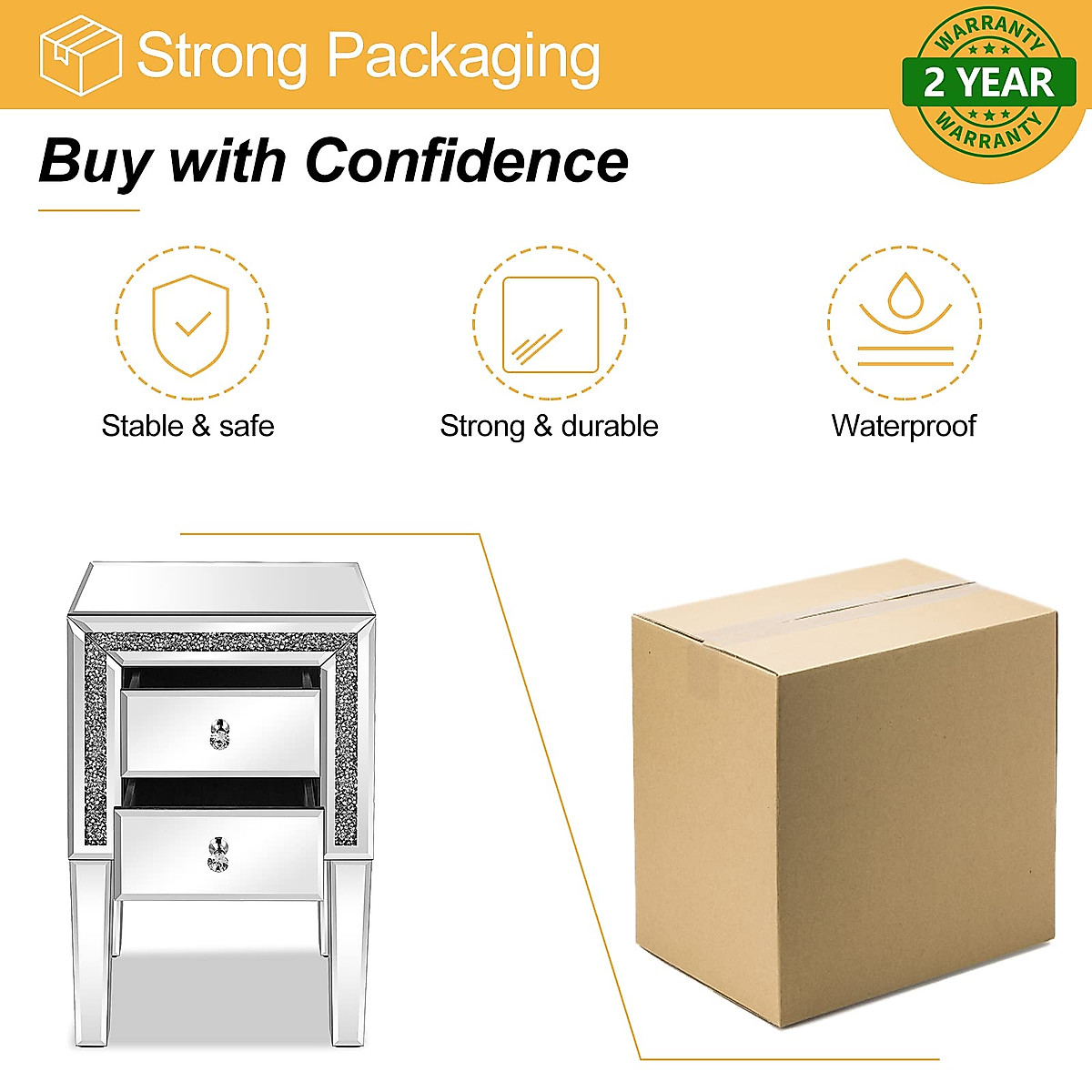 VINGLI Mirrored Nightstand, Mirrored Bedside Table with Drawer, Mirror Silver Night Stand, Mirrored Glass End Table Crushed Diamond Glitter Night Stand for Small Spaces/Bedroom/Living Room, Silver