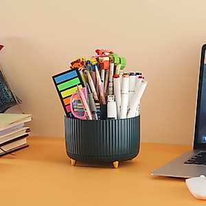 DOCMON Pencil Holder for Desk, 360 Degree Rotating Pen Holder Desk Organizer, Spinning Makeup Brush Holder, 5 Slots Pen Cup for School, Office, Home, Art Supply (Dark green)