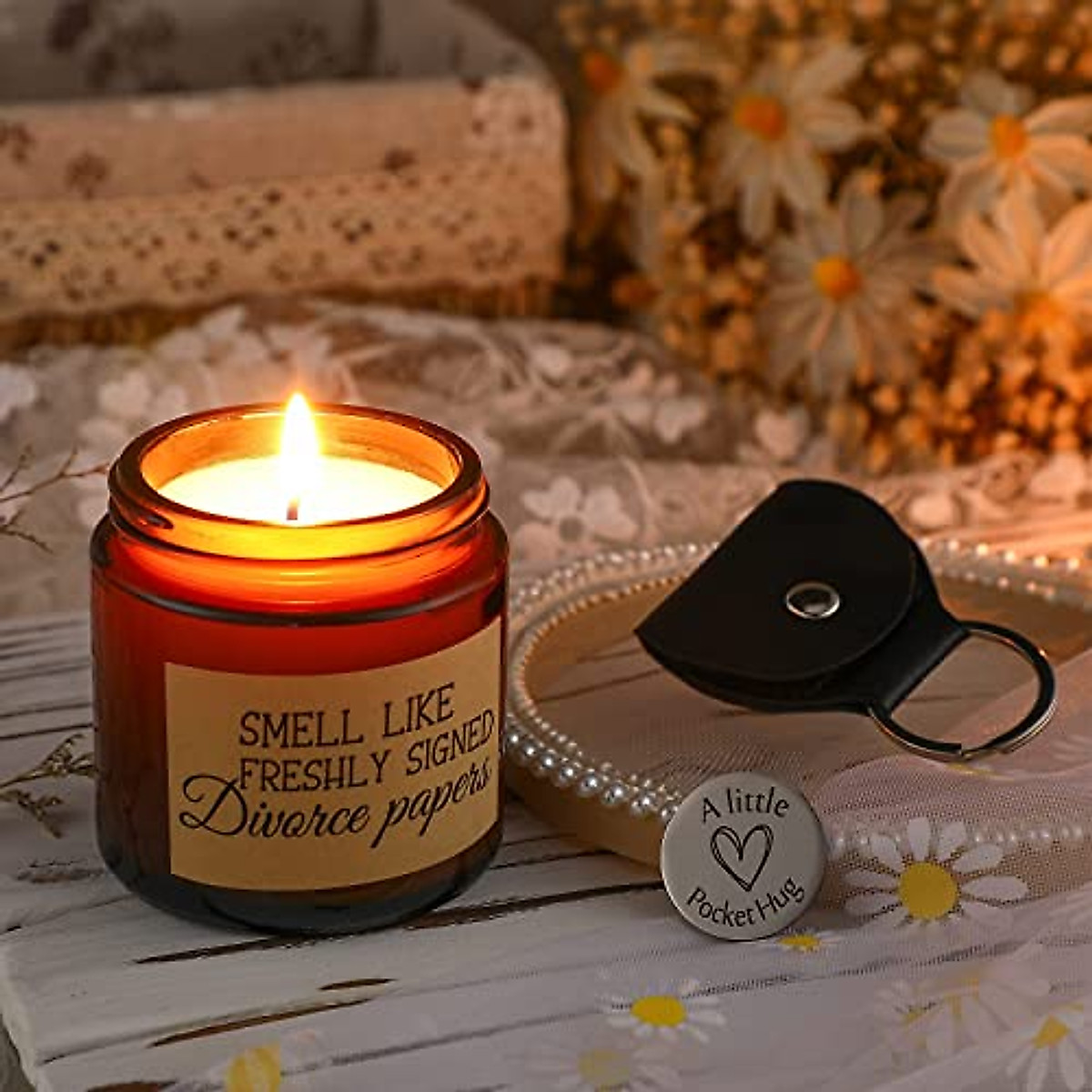 Coume 3 Pcs Divorce Lavender Scented Candle Gifts for Women Funny Candles Pocket Hug Token and PU Leather Keychain Breaking up Friends Sister Coworker Men Female