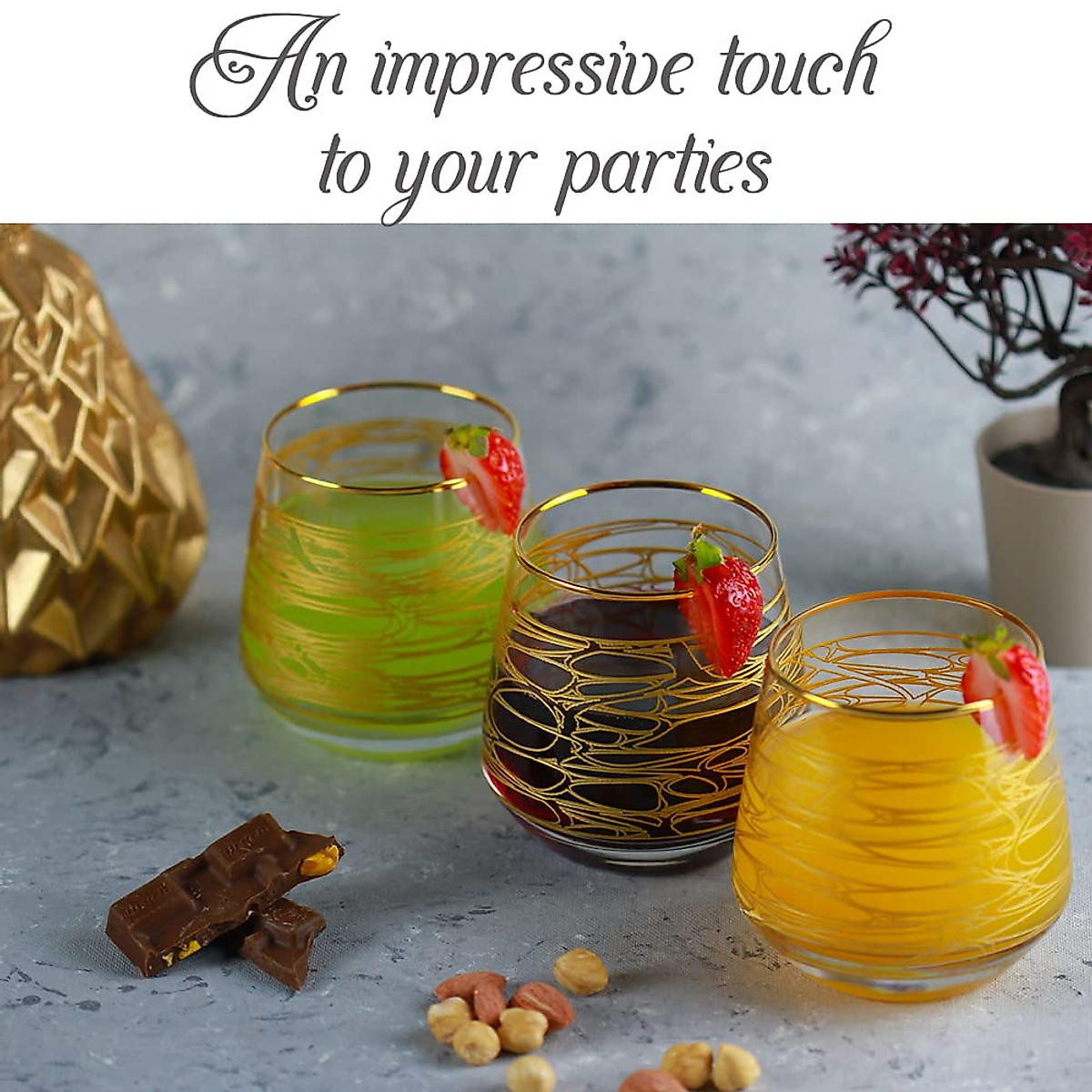 Vissmarta Gold Rim Cocktail Drinking Glasses Set of 6 Glassware Rimmed Trim Crystal, Juice Water Glasses Set, Drinkware, Drinks, Bar, Vintage, Fancy