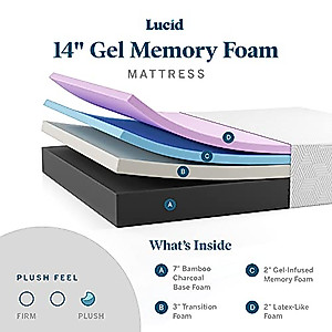 Lucid 14 Inch King Mattress – Plush Memory Foam Mattress – Bamboo Charcoal Foam – Gel Infused – Hypoallergenic Foam Mattress– Bed-In-A-Box- CertiPUR-US Certified, White