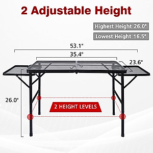 JOUYEK Folding Grill Table, 3x2 FT Portable Camping Table with 2 Wing Panels, Height Adjustable Metal Tables with Mesh Desktop and Mesh Bag, Outdoor Furniture for Camping, Picnic, Beach and BBQ, Black