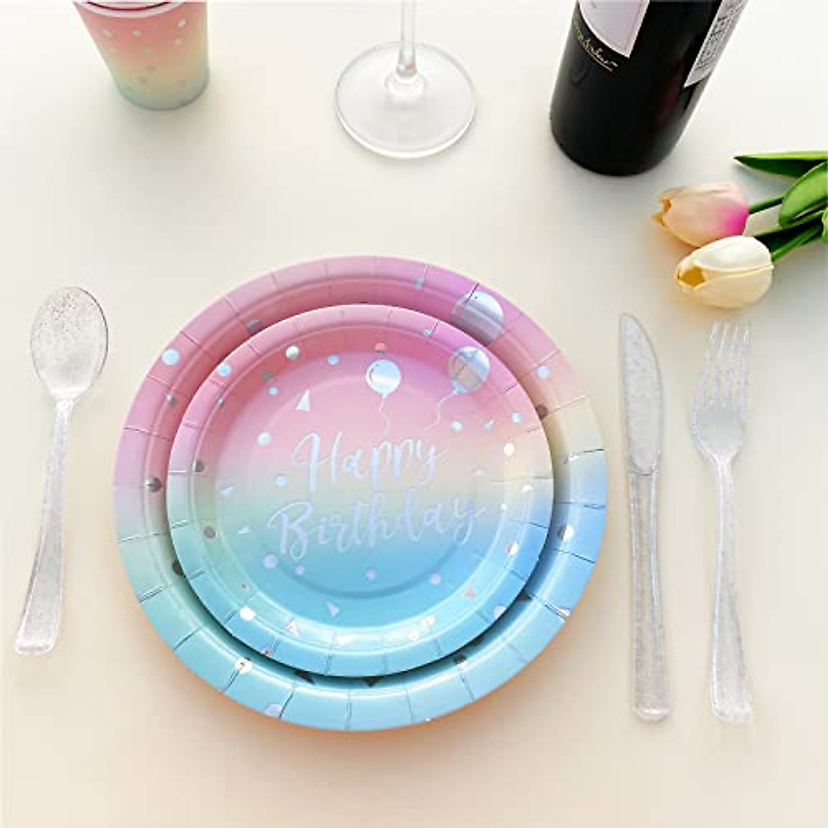 Pastel Party Decorations - Plates, Cups, Napkins & Sturdy Silverware for Rainbow Baby Shower, Birthday or Girl Pajama Party - Serves 16