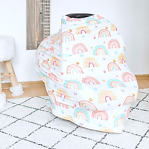 Bundled Joy Baby Gifts - Baby Car Seat Cover Canopy Breastfeeding Nursing Cover Infinity Scarf Stretchy Soft Boys Girls Gender Neutral (Rainbow White)