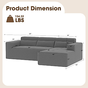Kvutx 109 inches Modern Modular Sectional Sofa, Teddy Fabric L Shaped Couch, 3 Seater Couch, Modern Upholstered Couch with Chaise & Pillows for Living Room Apartment Grey