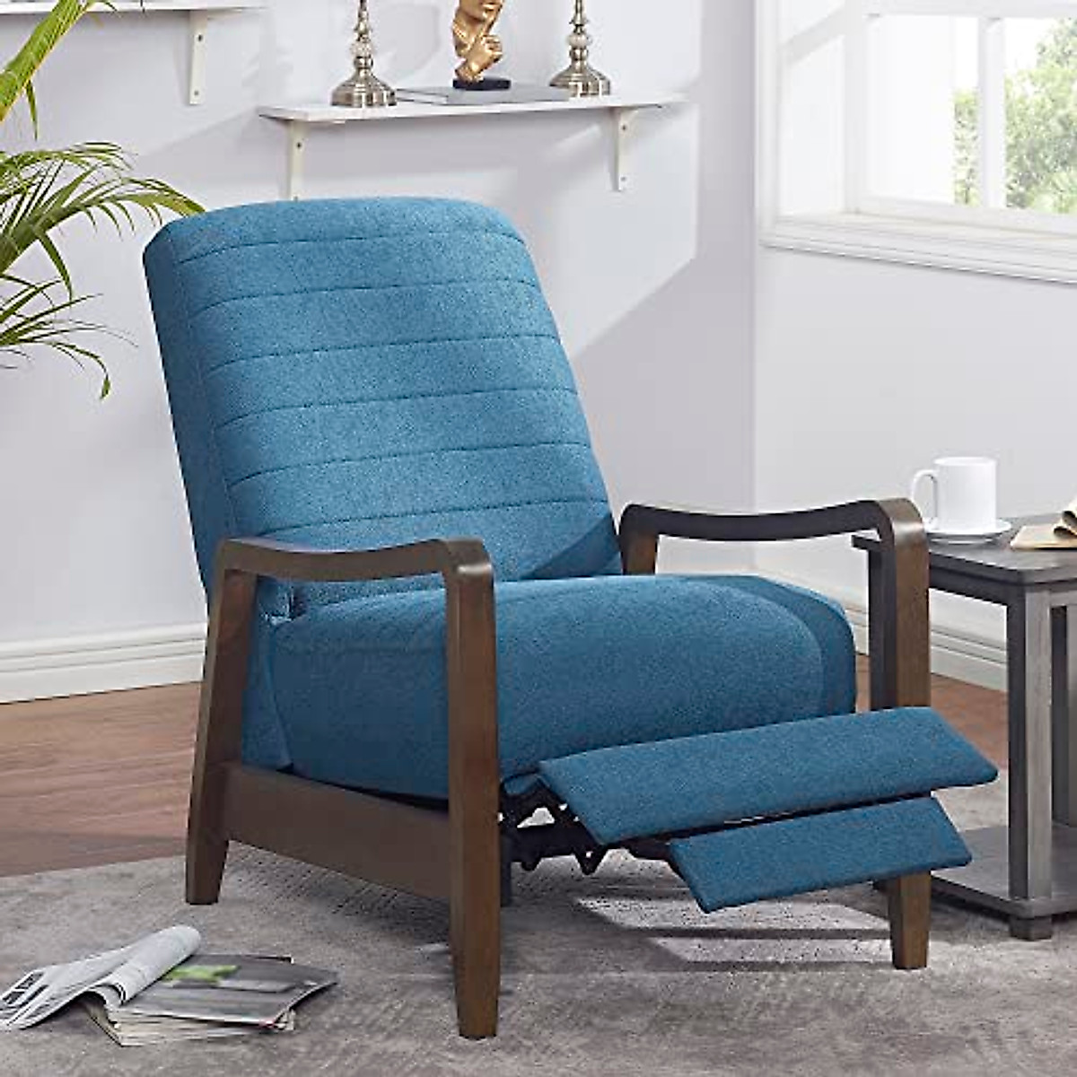 64" Push Back Recliner, Living Room Chair Fabric Mid-Century Modern Push Back Single Recliner with Solid Wood Arms & Base High Back Comfortable Bedroom Armchair for Office, Home Theater (Blue)