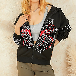 Nvzhuang Womens Y2k Zip Up Spider Graphic Hoodie Halloween Rhinestone Oversized Hoodies Vintage Goth Grunge Jacket Streetwear (Black, M)