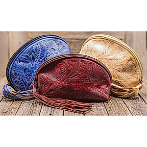 Womens Cosmetic Case, Leather makeup case, handtooled, toiletry and travel bag, zipper close, lined, tassel