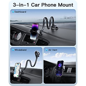 Windshield Car Phone Holder Mount Dashboard/Suction Cup/Window, 13" Phone Holder for Car Dashboard with Super Sticky Gel Pad, Truck Cell Phone Holder for Car, Compatible with Thick Case & Large Phone