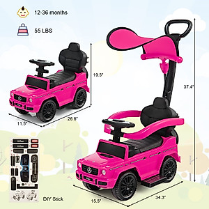 HONEY JOY Push Cars for Toddlers, Mercedes Benz Kids Toy Car w/Push Handle & Detachable Guardrail, Horn & Engine Sound, Seat Storage, Foot-to-Floor Ride On Push Car for Boys Girls(Pink)