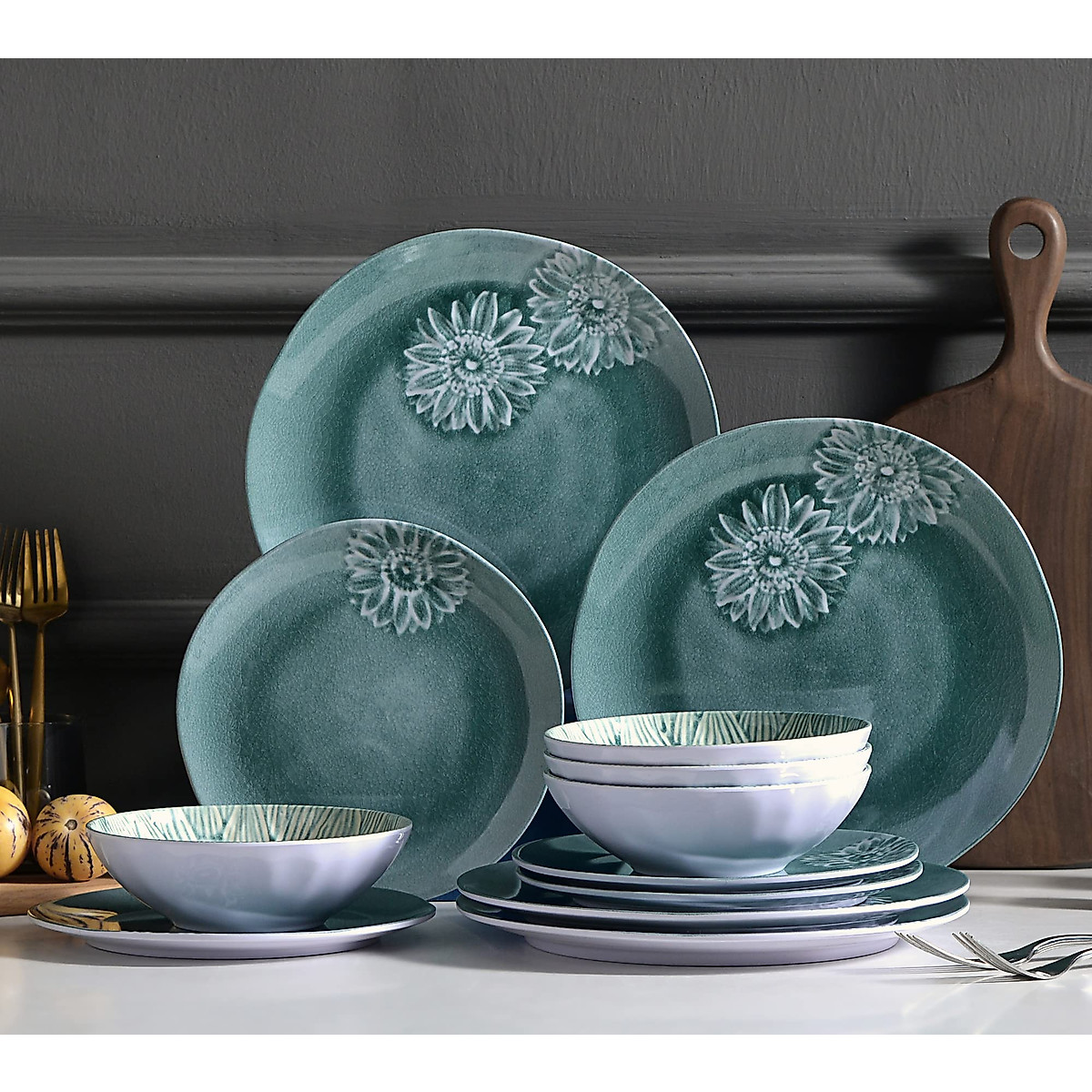 PUMELAMI Melamine Dinnerware Sets of 12Pcs,Dishes Set for 4, Blue Dinnerware Sets, Suitable for Indoor and Outdoor Use,Unbreakable,Dishwasher Safe,BPA free