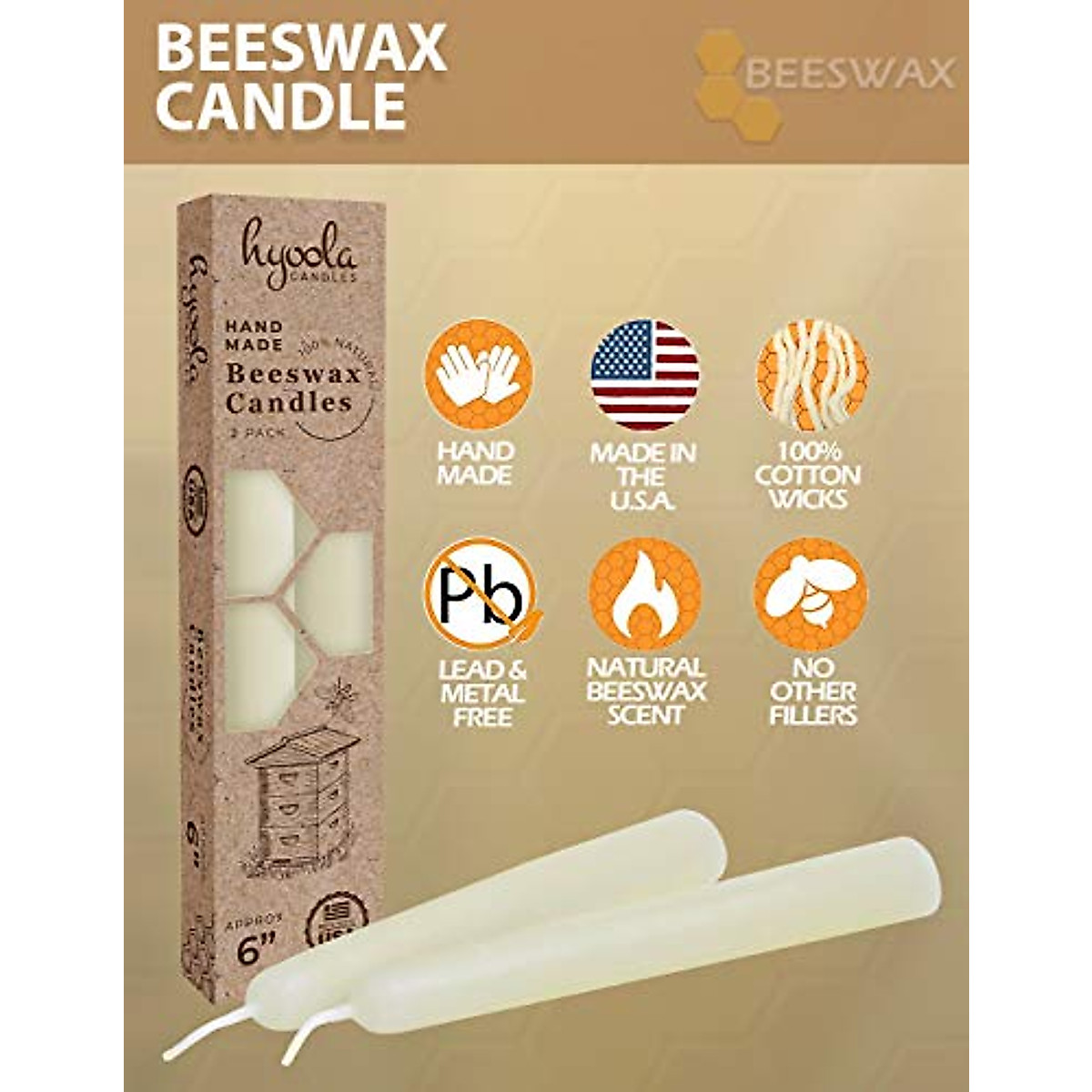 Hyoola 6" Beeswax Taper Candles - 6 Hour Burn Time - White Beeswax Candles - 2 Pack