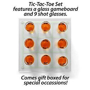 Maxam Shot Glass Tic Tac Toe Set - 9 Alcohol Shooters with X and O Marks, Clear Glass Playing Board