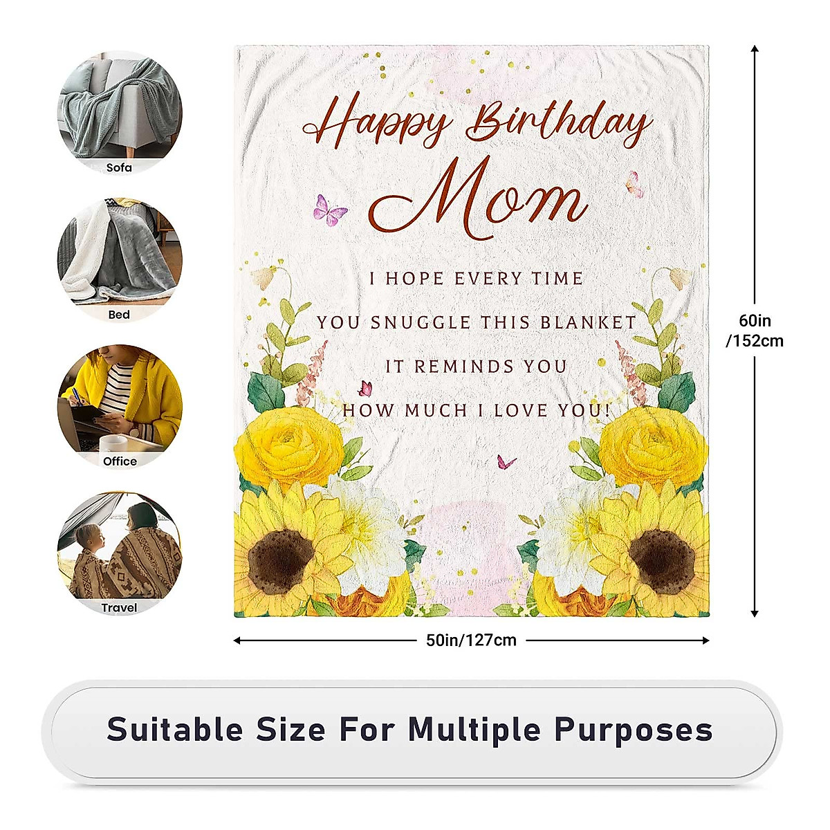 Birthday Gifts for Mom Blanket, Mom Birthday Gifts from Daughter or Son, Mother Birthday Gift, Moms Birthday Gift Ideas, Happy Birthday Presents for Mom, Mothers Birthday Gifts Blanket 60 x 50 inch