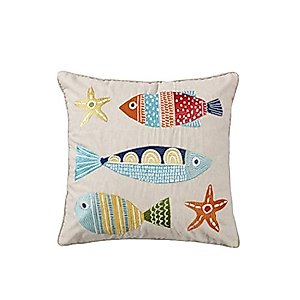 Levtex Home St. Anton Multi Color Fish Pillow, Beach, Front:25% Linen, 75% Cotton; Back: 100% Cotton, Natural, Multicolor