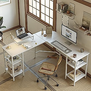 CubiCubi L Shaped Desk, 58.3 inch Computer Corner Desk with 2 Storage Shelves, Home Office Desk with Monitor Stand, White