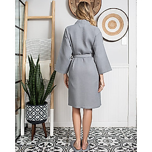 Lotus Linen Women's Lightweight Waffle Kimono Robes for Women - Cotton Spa Grey Bathrobes - Grey Bridesmaids Robe Set (Small, Grey)