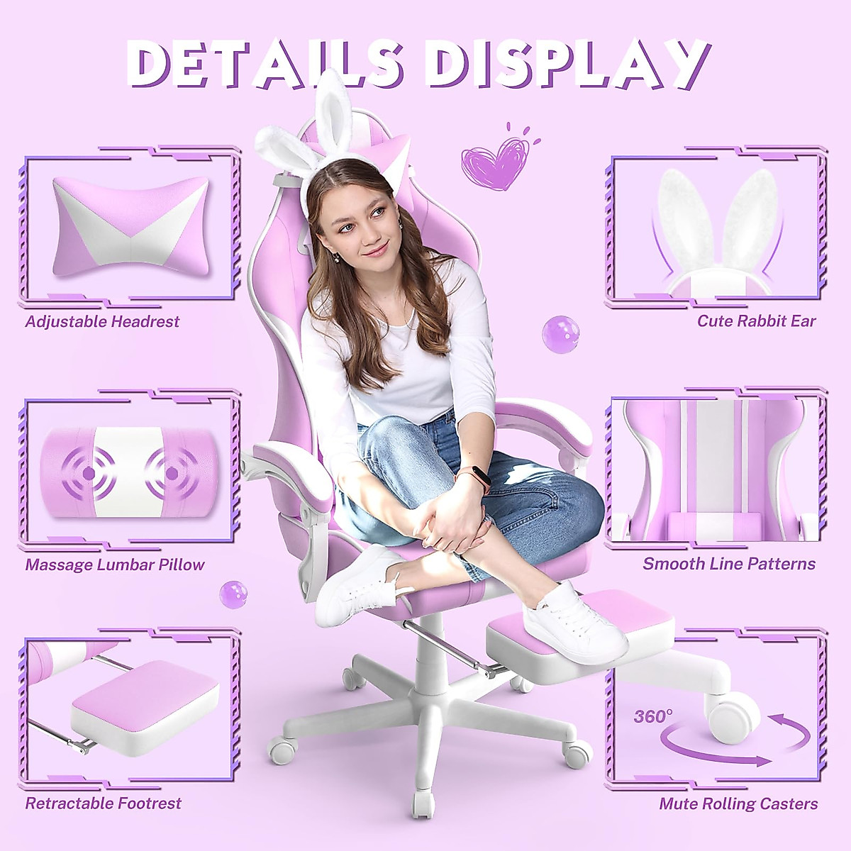Ferghana Kawaii Light Purple Gaming Chair with Bunny Ears, Ergonomic Cute Gamer Chair with Footrest and Massage, Racing Reclining Leather Computer Game Chair 250lbs for Girls Adults Teens Kids