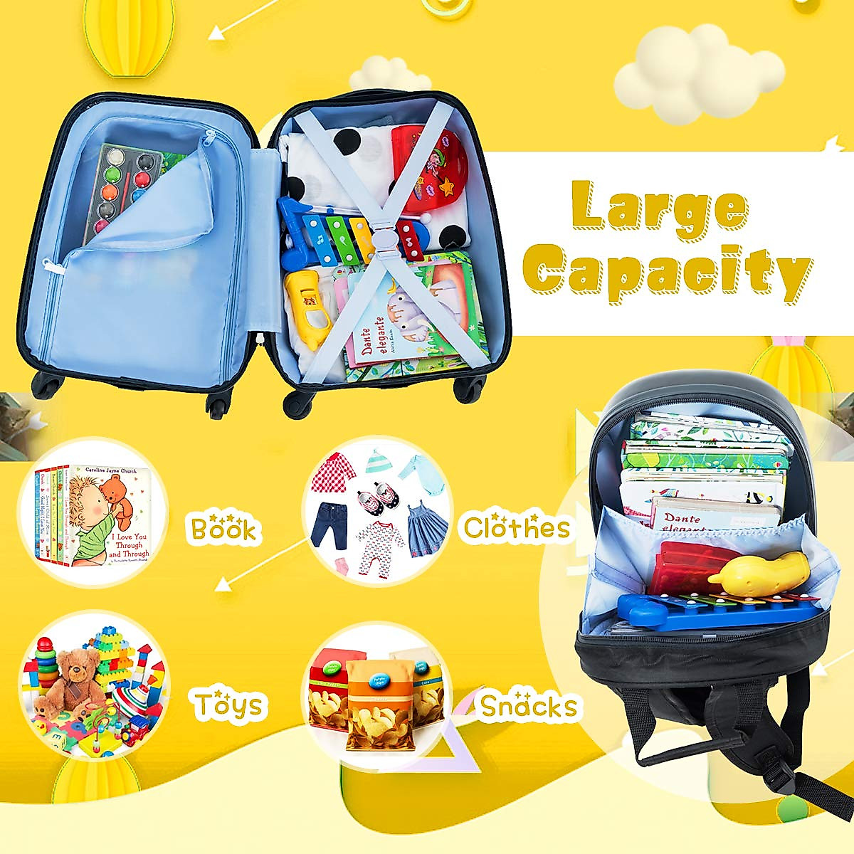 GYMAX Kids Carry On Luggage Set, 12" & 16" 2PCS Rolling Suitcase (Monster)