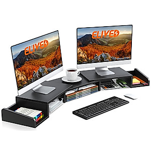 ELIVED Dual Monitor Stand Riser with Two Swivel Drawers, Monitor Stand with Adjustable Length and Angle, Monitor Riser for Desk, Desktop Organizer Stand for Computer, Laptop, Screen, Printer(Black)