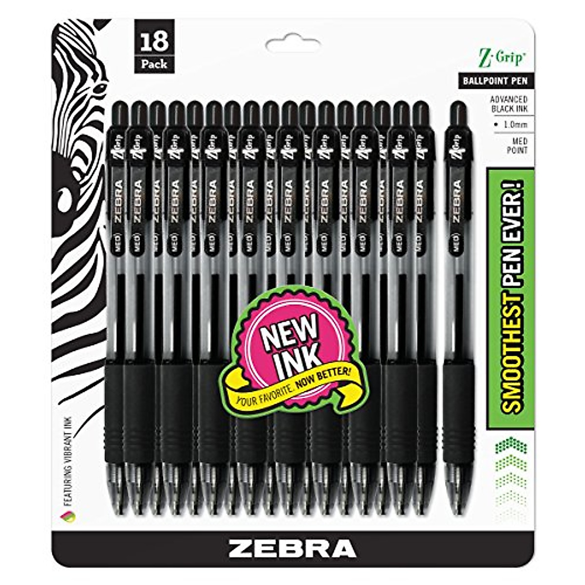 Zebra Pen Z-Grip Retractable Ballpoint Pen, Medium Point, 1.0mm, Black Ink, - 18 Count (Pack of 1), Model Number: 22218