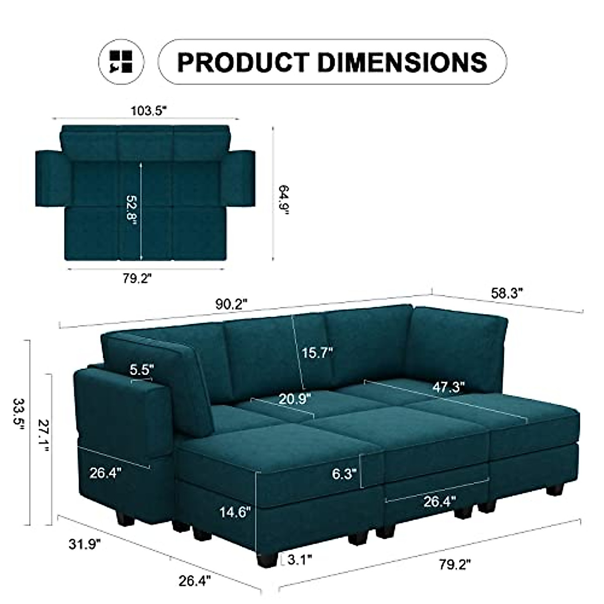 Belffin Modular Sofa Bed Modular Sectional Sleeper Sofa Convertible Sectional Couch Bed Set with Reversible Chaise Peacock Blue