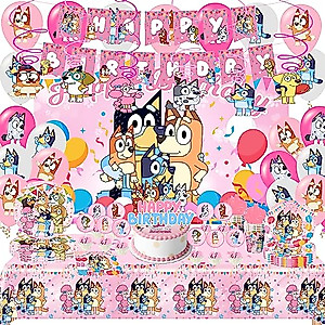 Bluey Birthday Balloons Sets, Dog Cartoon Pink Themed Balloons Decoration Sets Children's Birthday Party Supplies Cutlery Sets