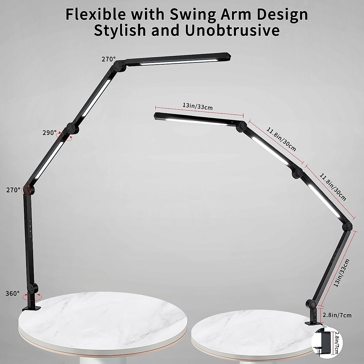 vimeepro LED Desk Lamp with Clamp Flexible 4 sections Swing Arm Three light sources desk light, 4 Color Modes & 5 Brightness, Eye Caring Led table light with Memory Function for table lamps for office