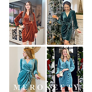 MEROKEETY Women's 2024 Long Sleeve Wrap Velvet Mini Dress Sexy V Neck Cocktail Party Club Dress, Olive, M