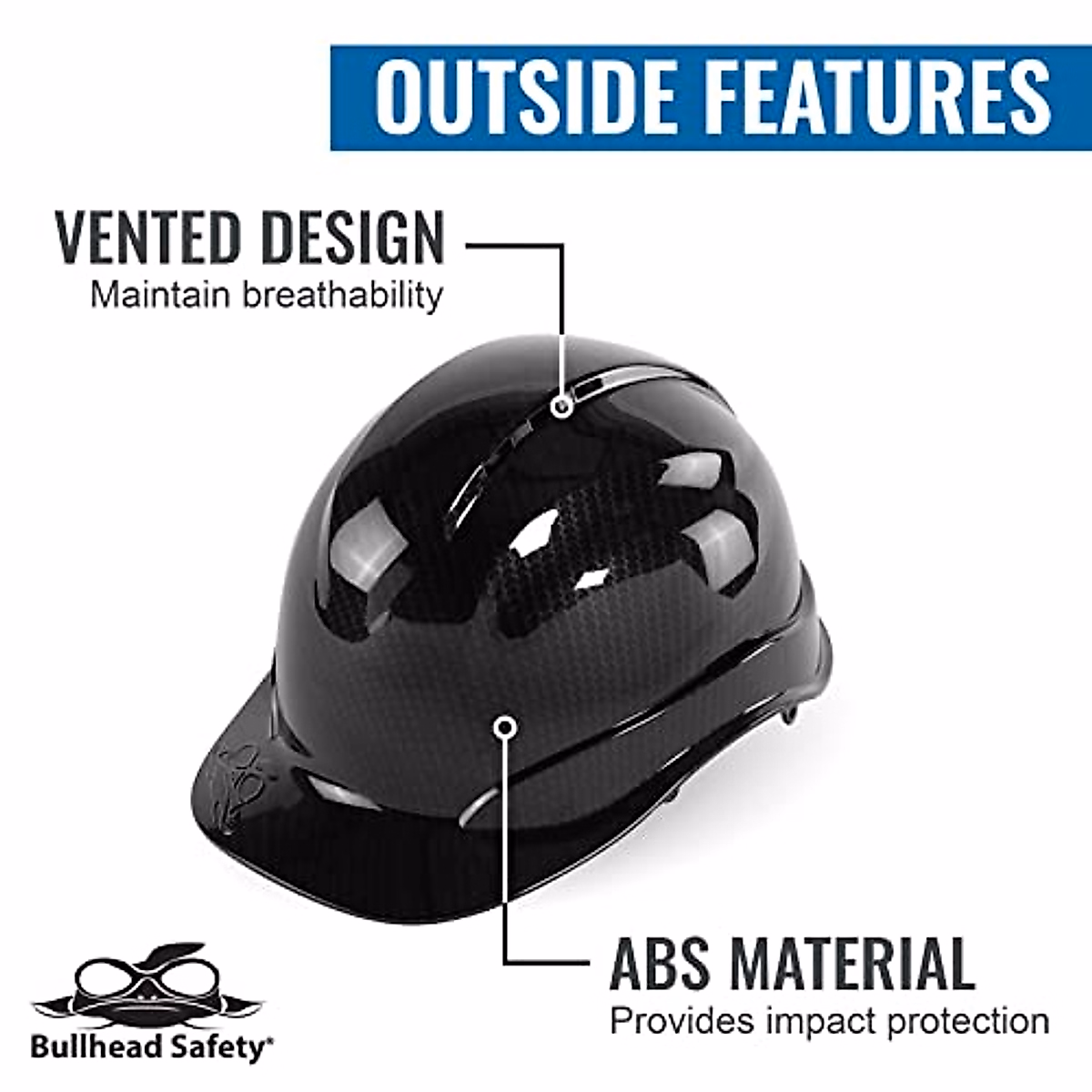 Bullhead Safety Vented Cap Style Hard Hat with Six-Point Ratchet Suspension, Reversible Construction Hard Hat for Safety with Integrated Vents and Brow Pad, OSHA/ANSI Compliant, Shiny Black Graphite